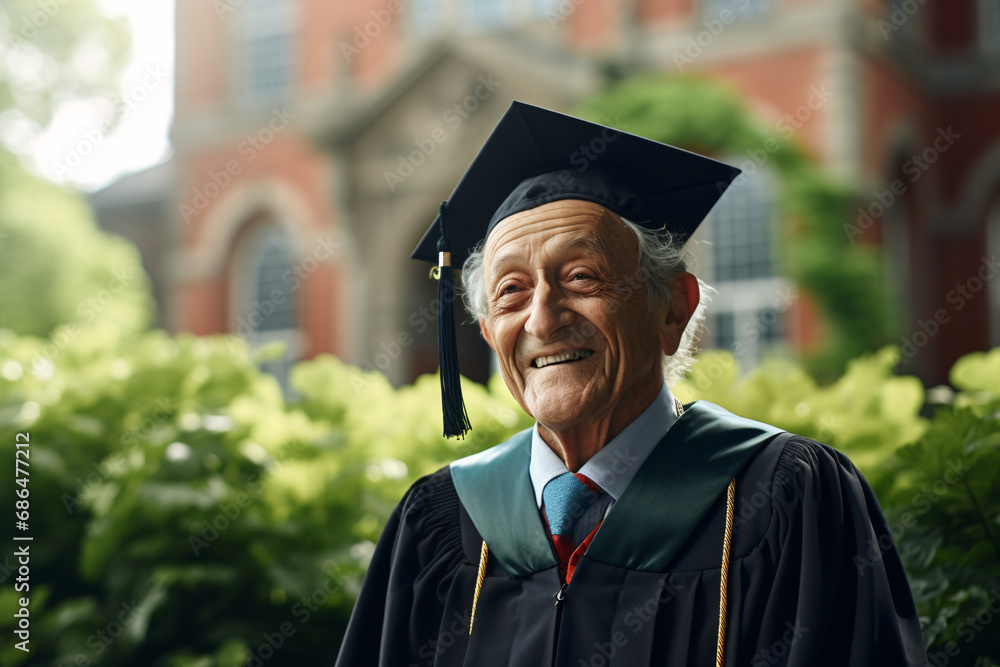 Portrait of an elderly man on his university graduation day, wearing ...