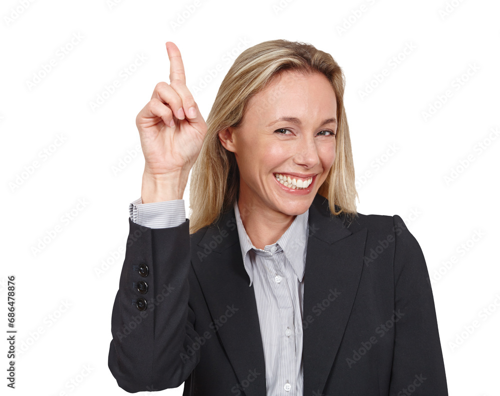 Portrait, happiness and business woman point at corporate offer, promo direction and company ...