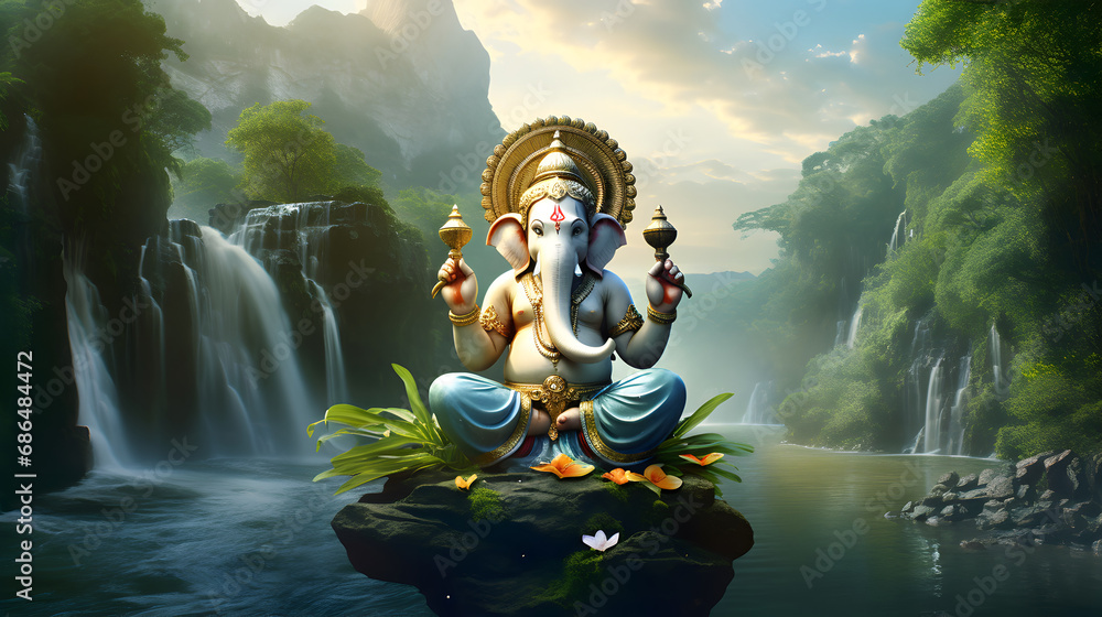 Lord ganesha with background of waterfall Stock Photo | Adobe Stock