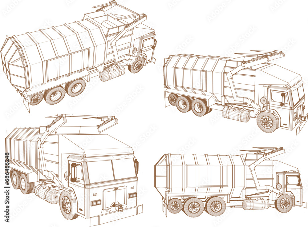 Vector sketch illustration of modern automatic waste transport vehicle ...