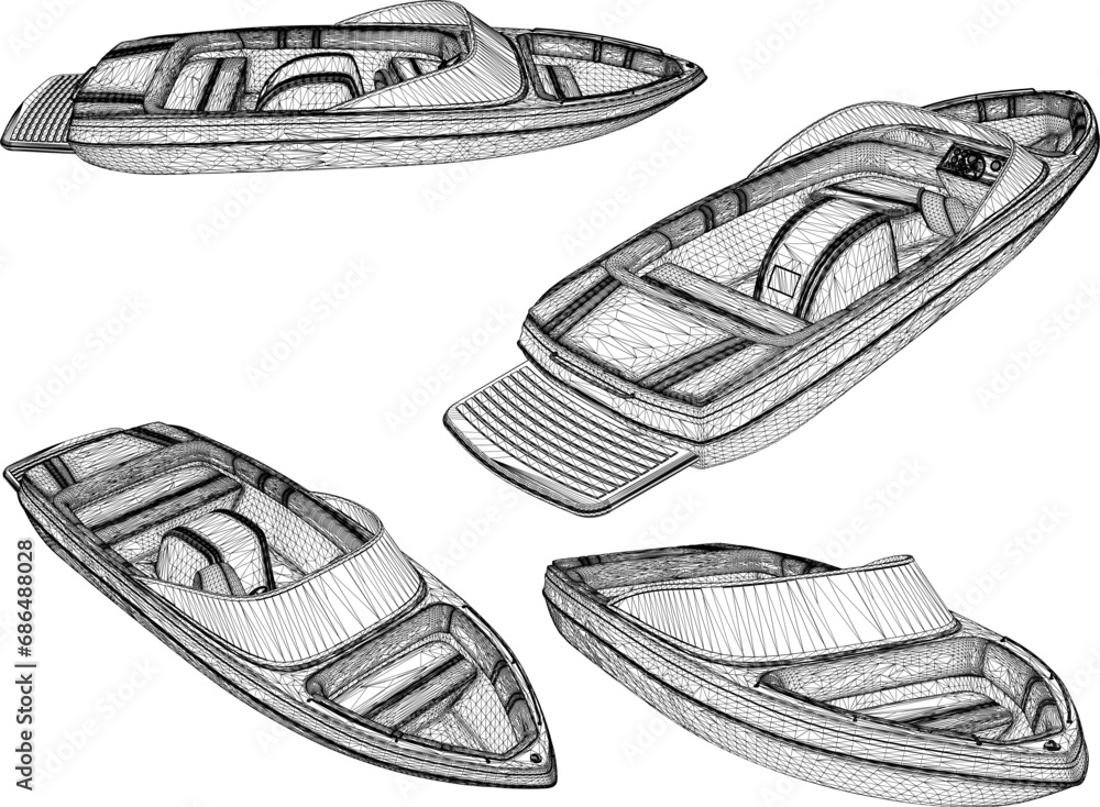 Vector sketch illustration of speedboat motorboat design with speed ...
