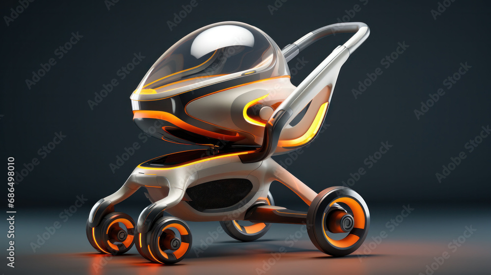 Modern capsule baby stroller with a reflective surface, combining speed ...