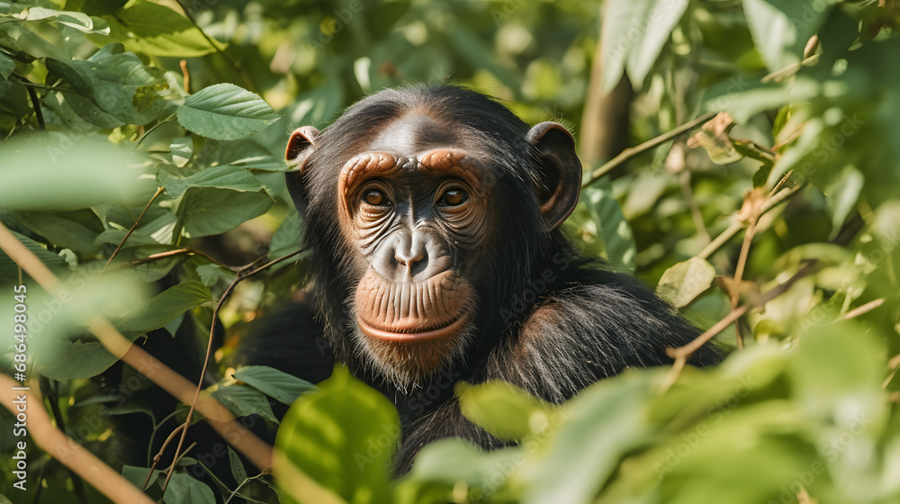 Chimpanzee in the forest. Chimp in the protected forest. Safari ...