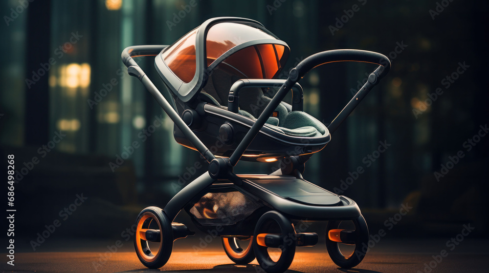 Autonomous baby stroller at night, illuminated city backdrop. Advanced ...