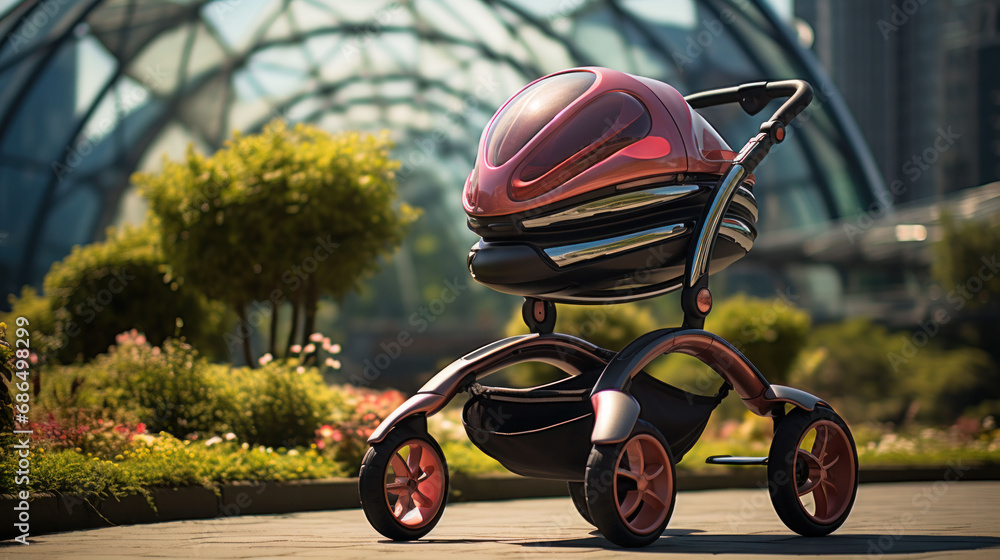 Red futuristic baby stroller in urban garden, blending technology with ...