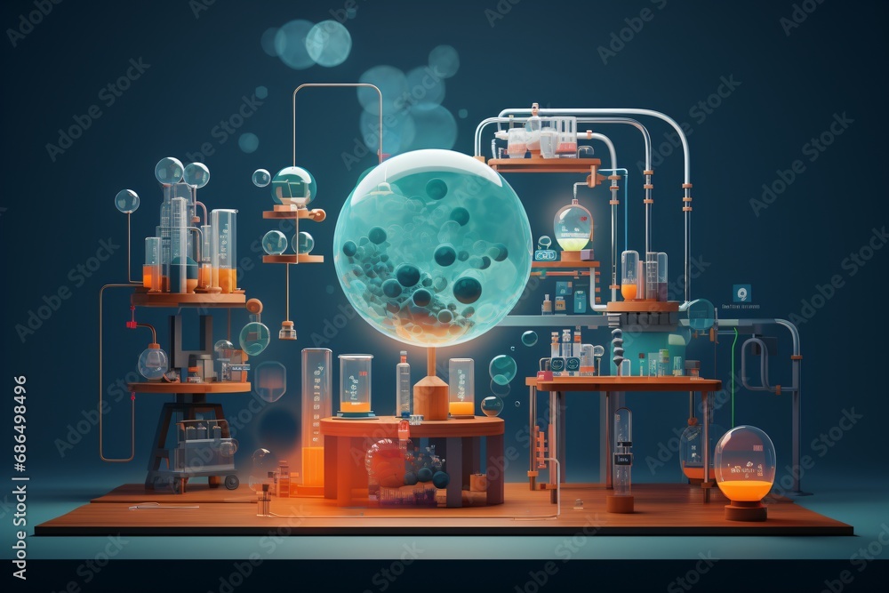 Graphic poster of a science lab with beakers, flasks, and chemicals ...