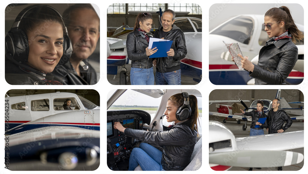 Flight School - Become a Pilot - Photo Collage. Portrait of Attractive ...