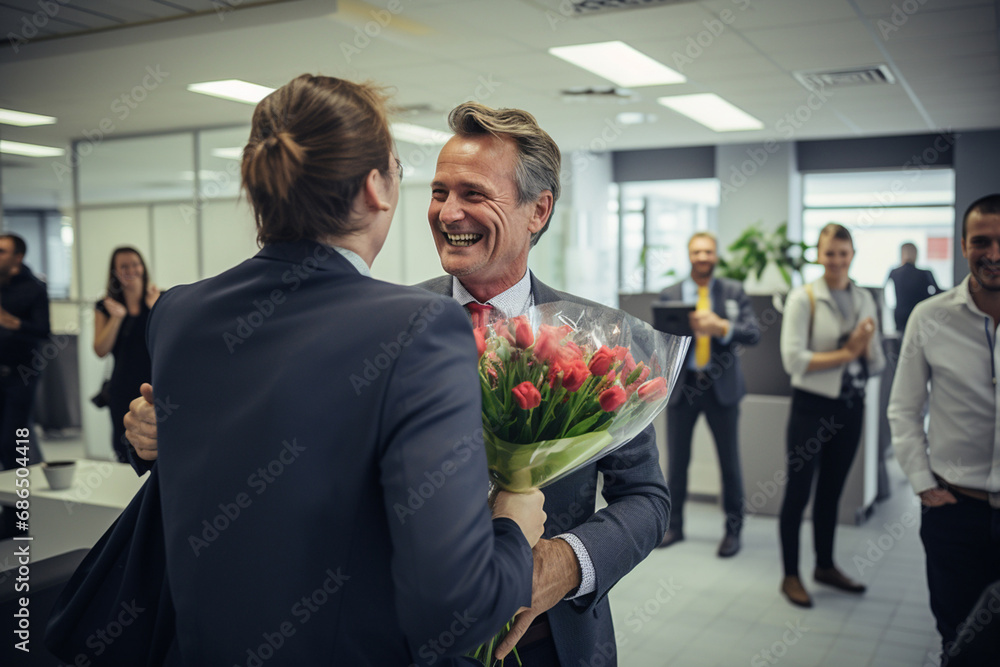 A new male employee gets a warm welcome from an office manager and ...