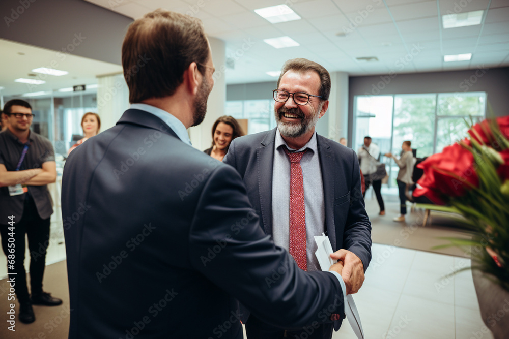 A new male employee gets a warm welcome from an office manager and ...