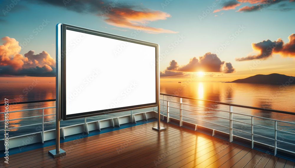 Outdoor billboard on a cruise ship deck at sunset with ocean backdrop ...