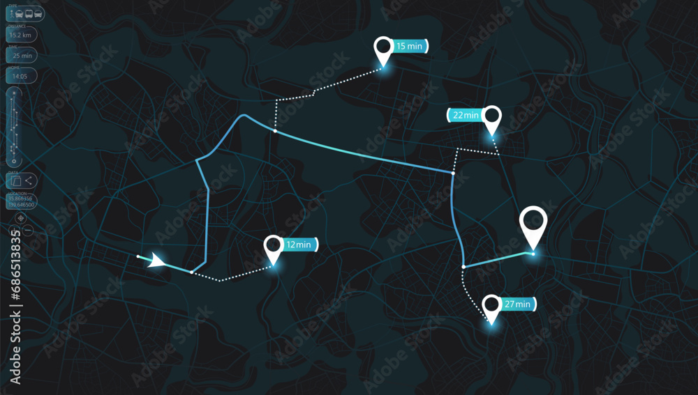 GPS navigator screen with street roads and location, few destination ...