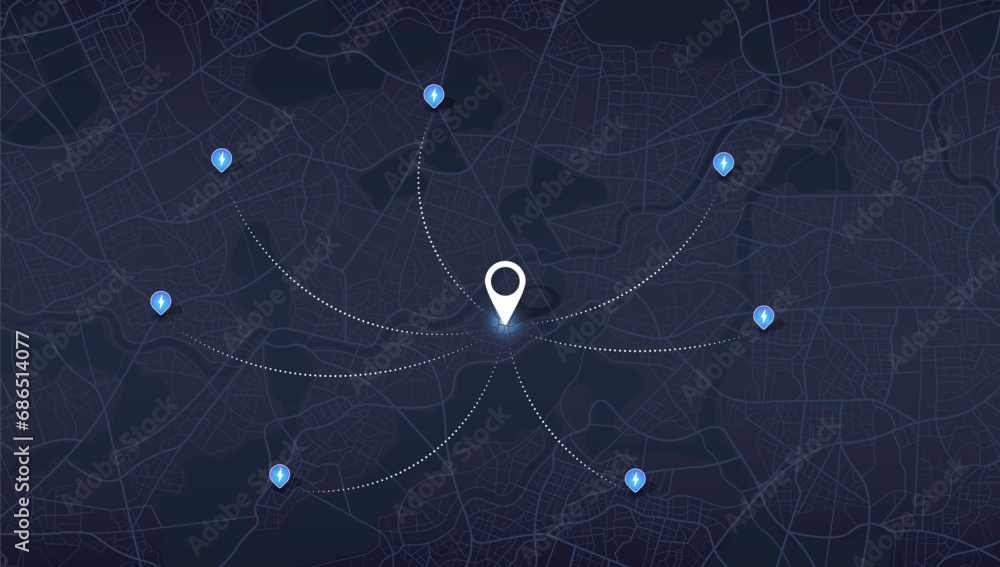 Huge city top view. Tracking path and route. vector. Location EV ...