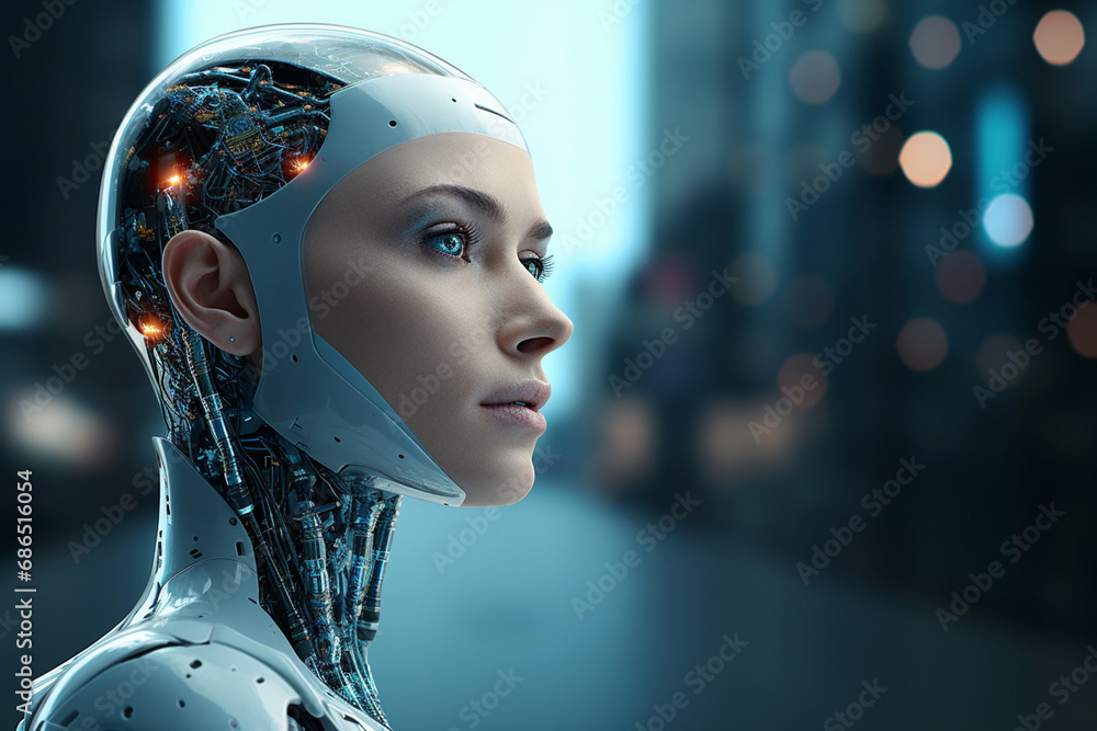 The detailed side view of a hyper realistic humanoid female robotic ...