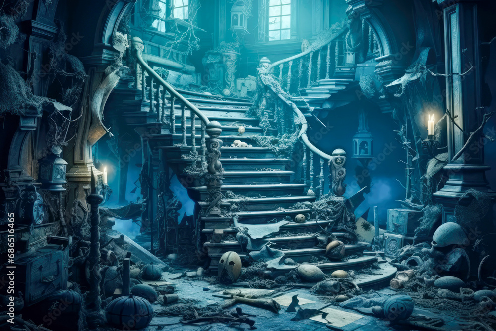 Inside the abandoned ship wrecked hall room under the sea background ...