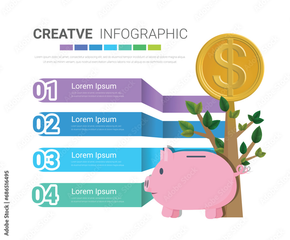 Money Saving Report Infographics Piggy bank with gold coins, 4 labels ...