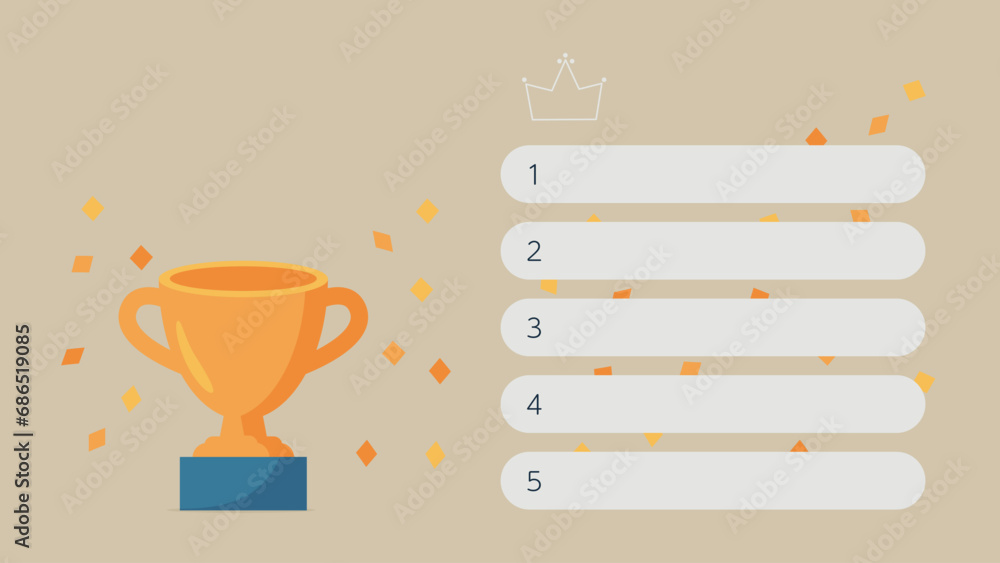 Trophy and standings from 1st to 5th place. Confetti is flying around ...