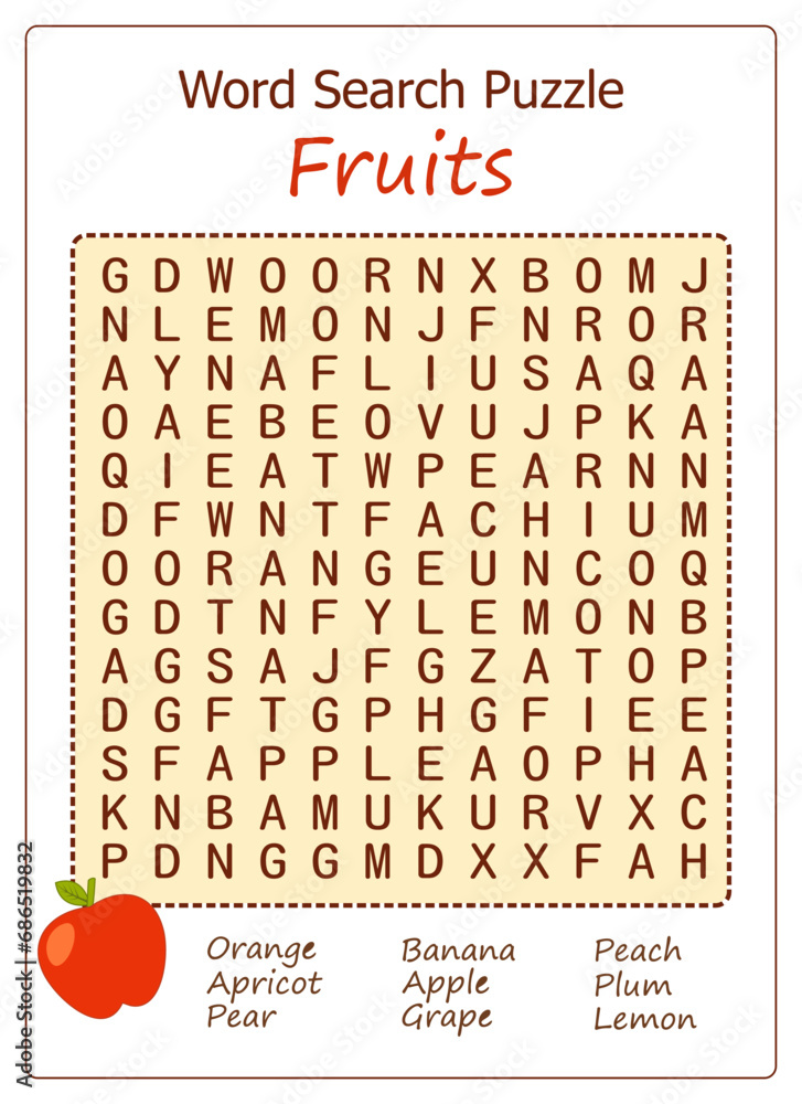 Word search puzzle vector (Word find game) illustration. Fruits ...