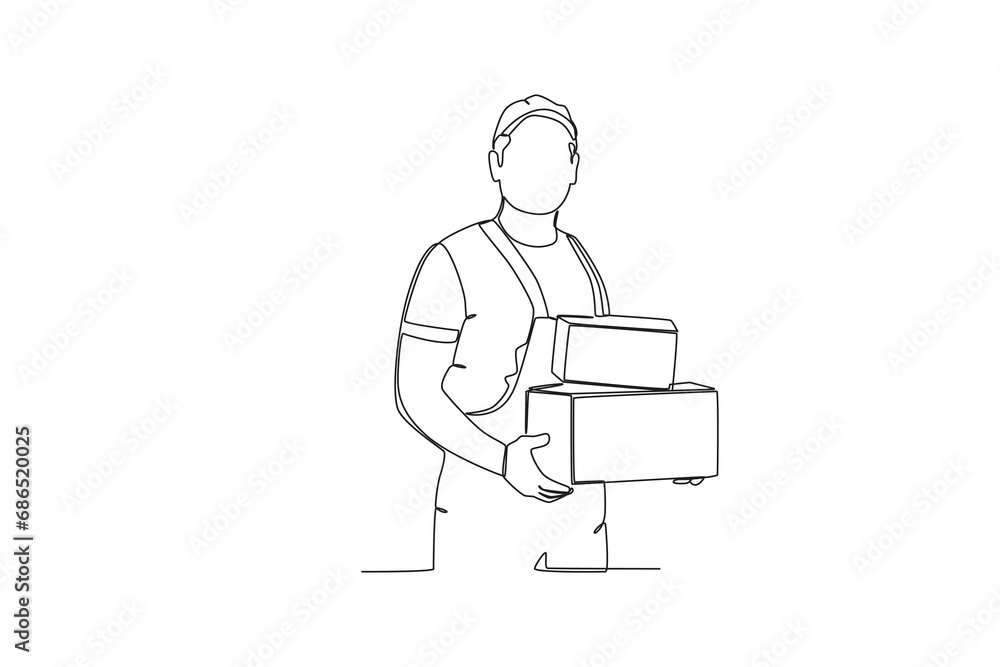 Continuous one line drawing employee who is lifting the package in the ...