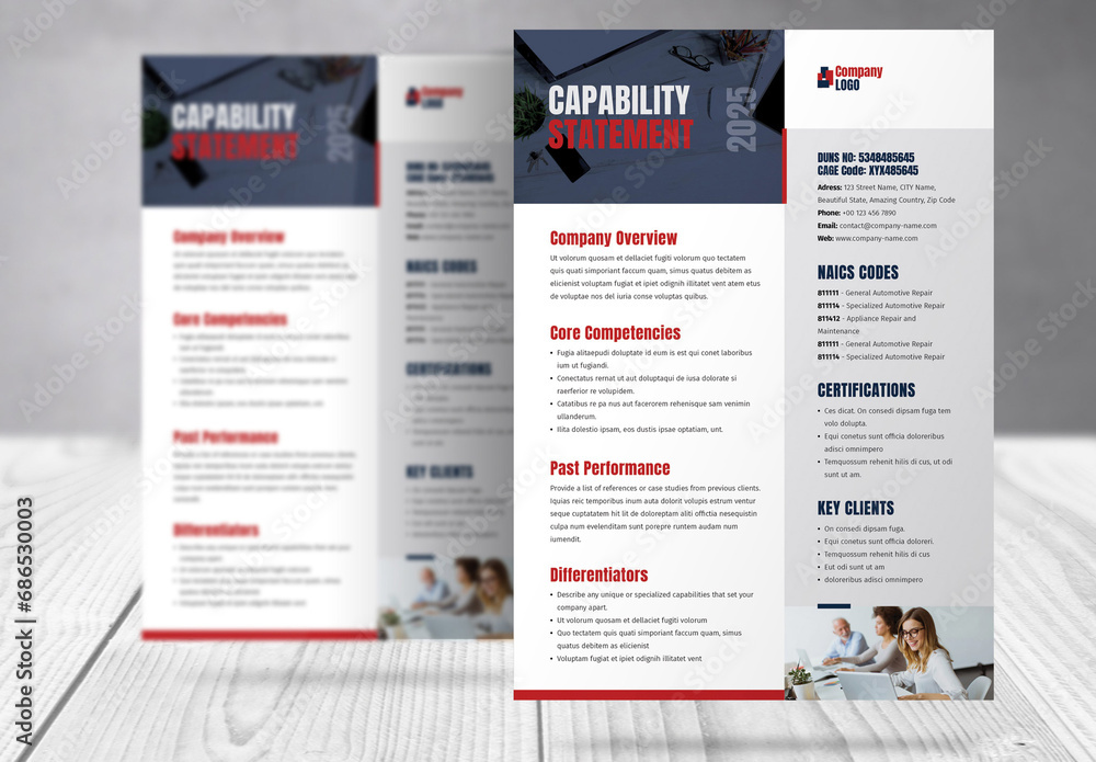 Capability Statement Template with Red and Blue Accents Stock Template ...