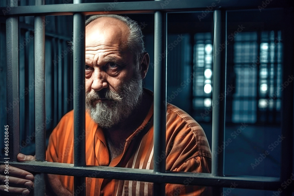 Fotka „A middle-aged prisoner in an orange uniform sits in a prison ...