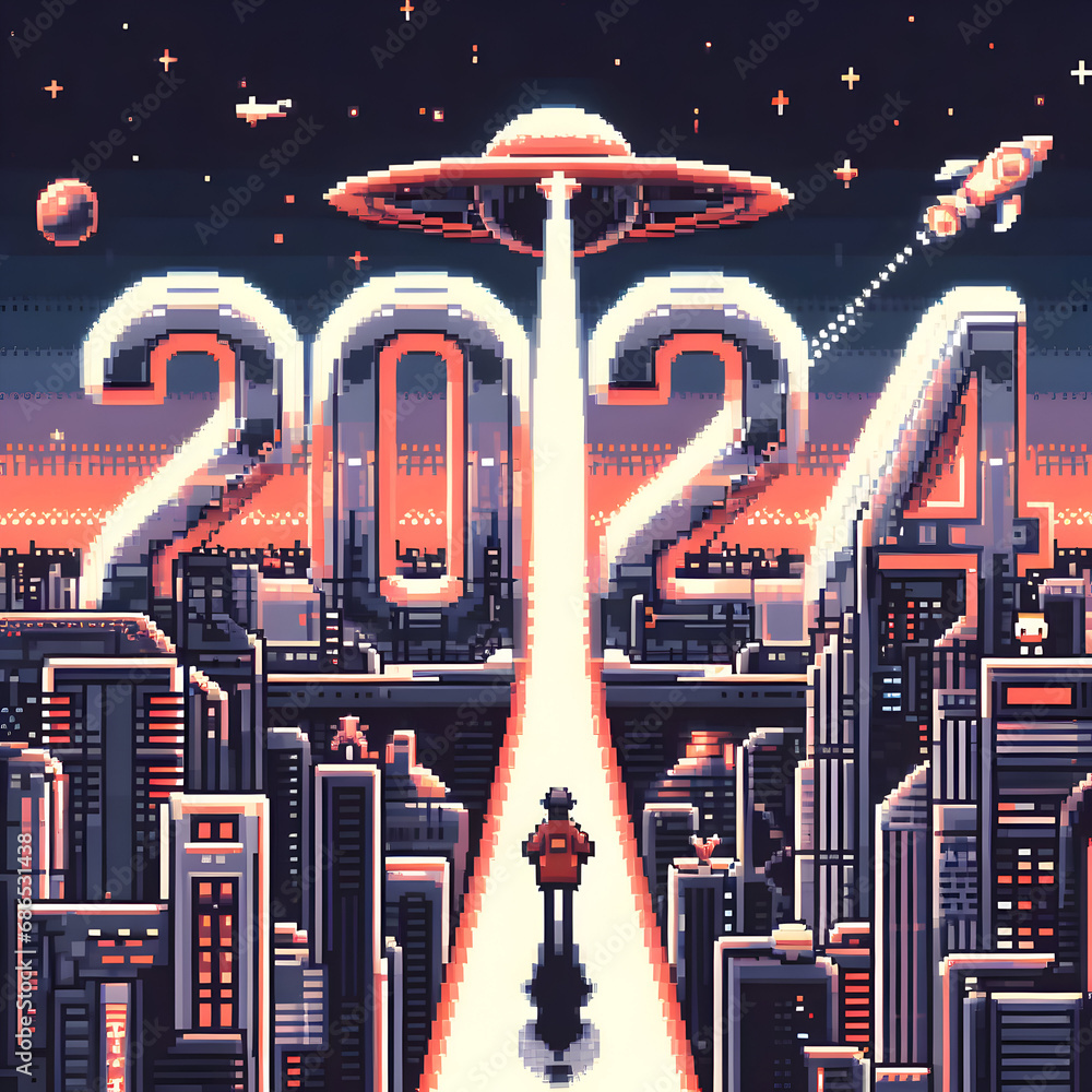 ภาพประกอบสต็อก Retro pixel art of the new year 2024, Vector ...