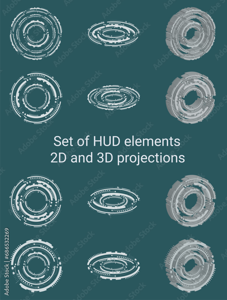 set of HUD elements in 2D and 3D projections for design, websites ...
