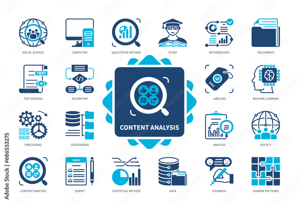 Content Analysis icon set. Statistical Method, Machine Learning ...