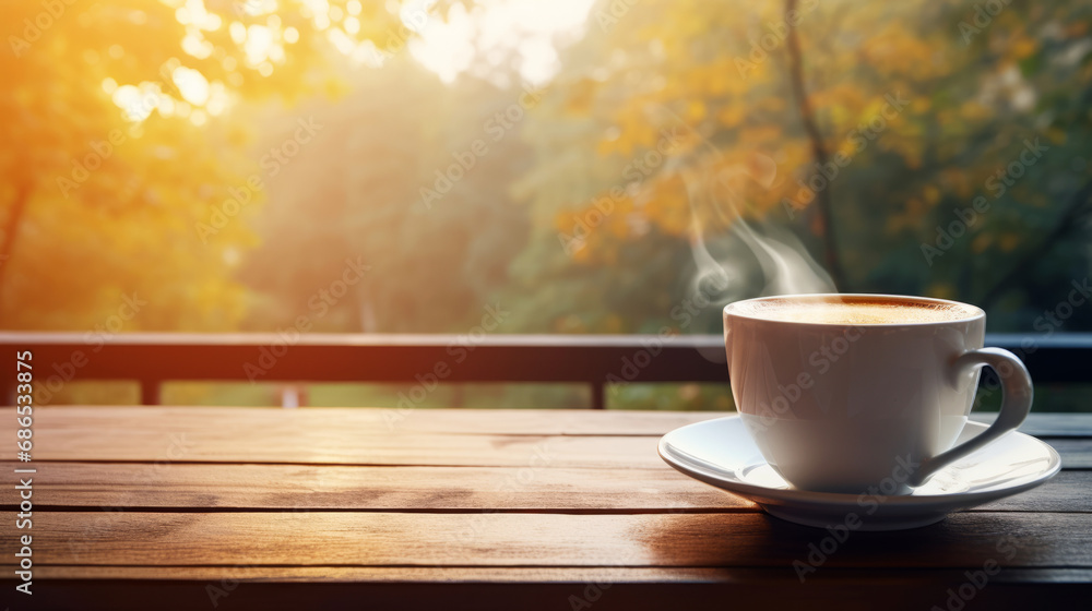 Morning coffee on wooden table before autumn forest Stock Photo | Adobe ...