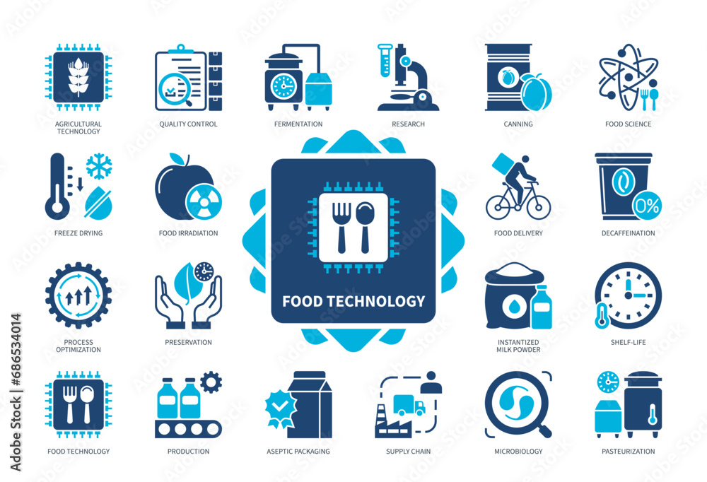 Food Technology icon set. Quality Control, Production, Pasteurization ...