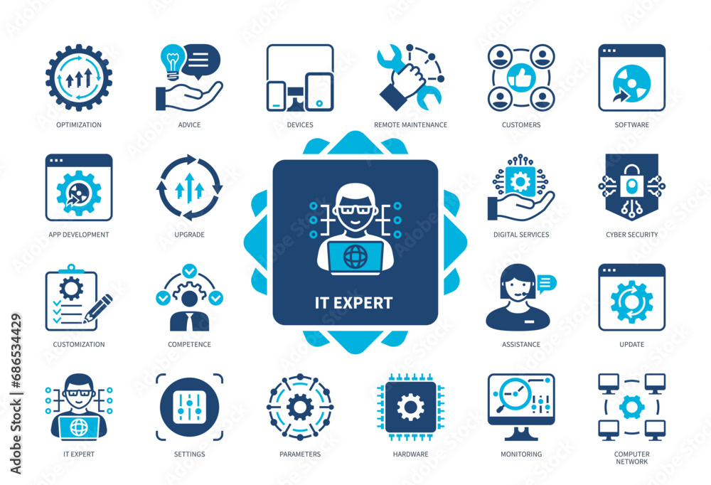 IT Expert icon set. Settings, Computer Network, Customization, Software ...