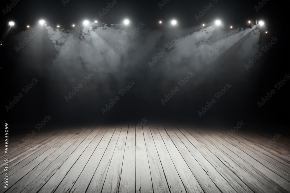 dark scene. stage with wooden floor, fog, spotlights and black ...