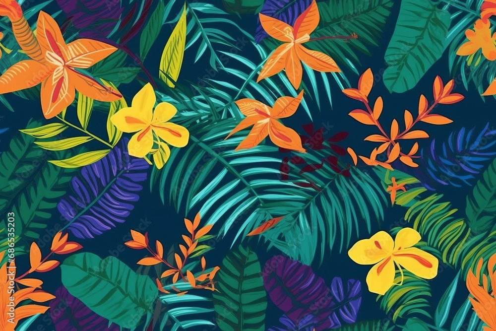 Seamless vibrant pattern featuring tropical leaves and flowers ...