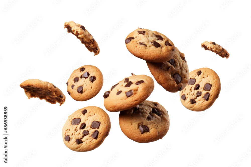Cookies chocolate falling with choc flake in the air isolated on ...