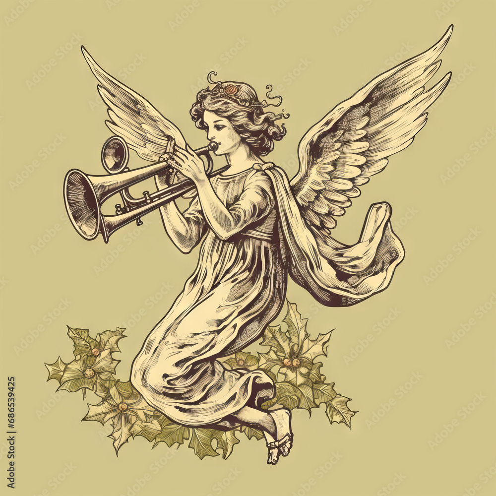 Christmas Angel flying and trumpet on pipe. Hand drawn vector ...