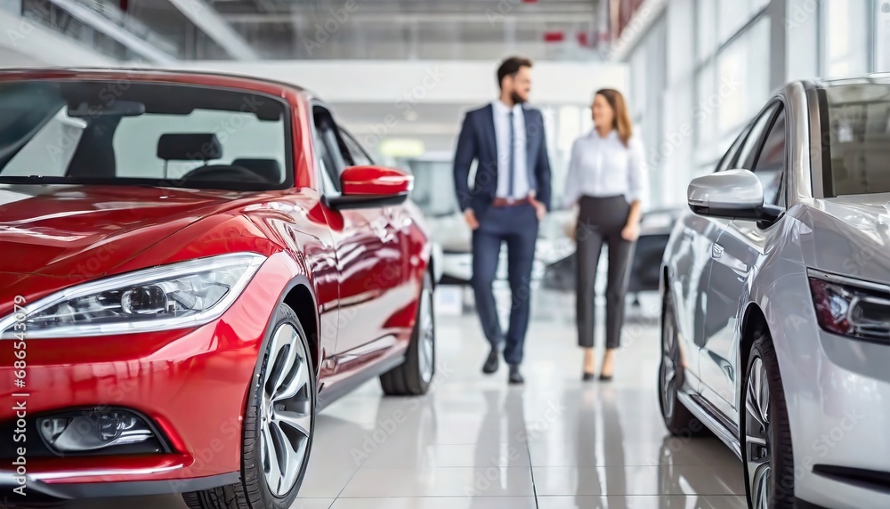 Car seller in suit walking around car salon with customer who wants to ...
