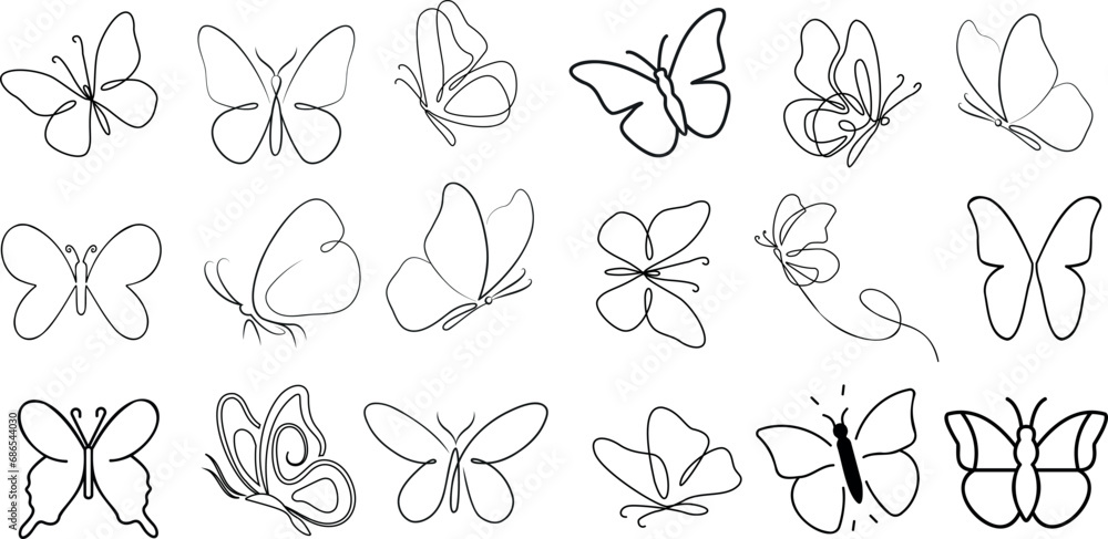 Ensemble d'illustrations vectorielles papillon, style dessin au trait ...