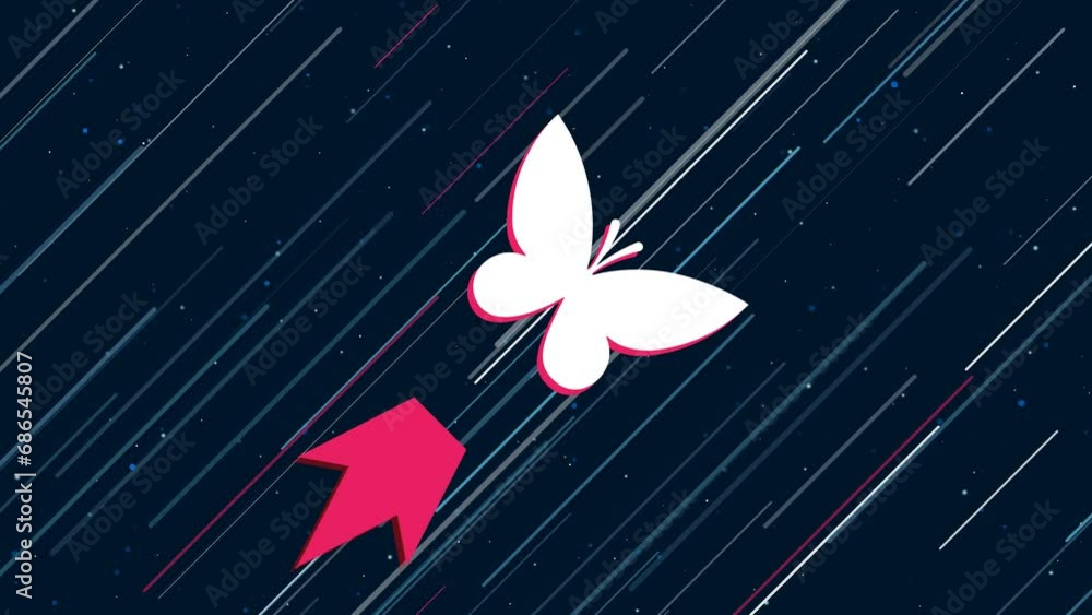 Butterfly symbol flies through the universe on a jet propulsion. The ...