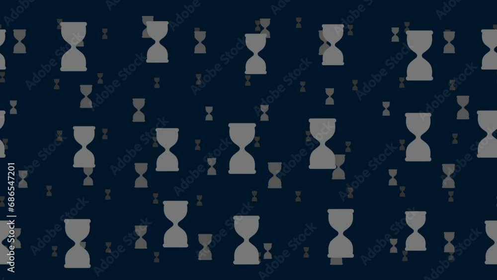 Hourglass symbols float horizontally from left to right. Parallax fly effect. Floating symbols ...