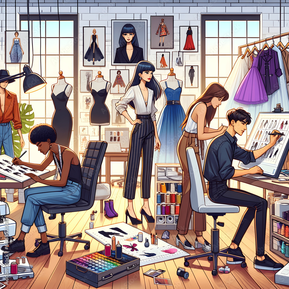 Clipart of a dynamic fashion design team engaged in creating a lookbook ...
