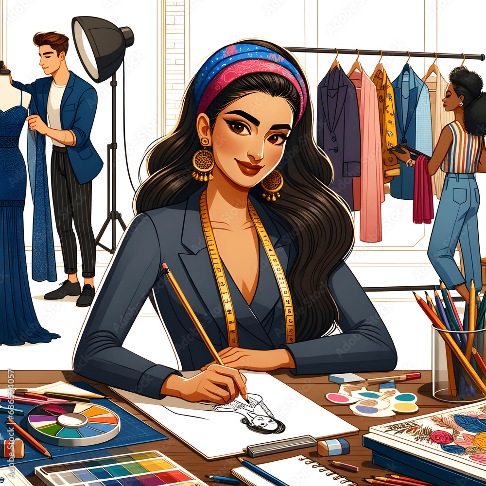 Clipart of a South Asian woman fashion designer sketching designs for a ...