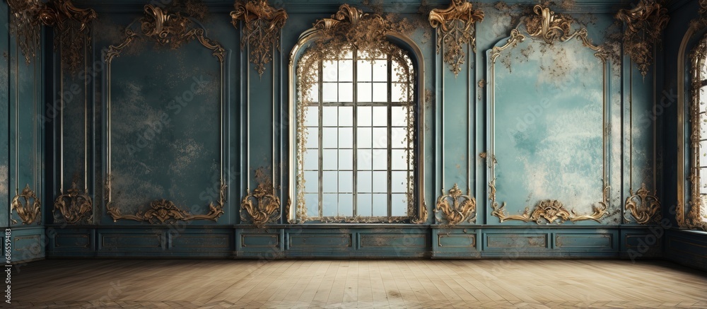 Baroque style windows adorn an antiquated room with a grunge interior ...