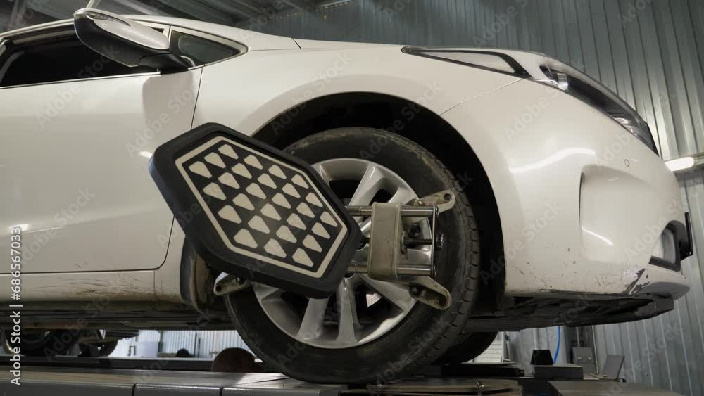 Diagnostics and balancing of wheels on a lift in close-up at a modern ...