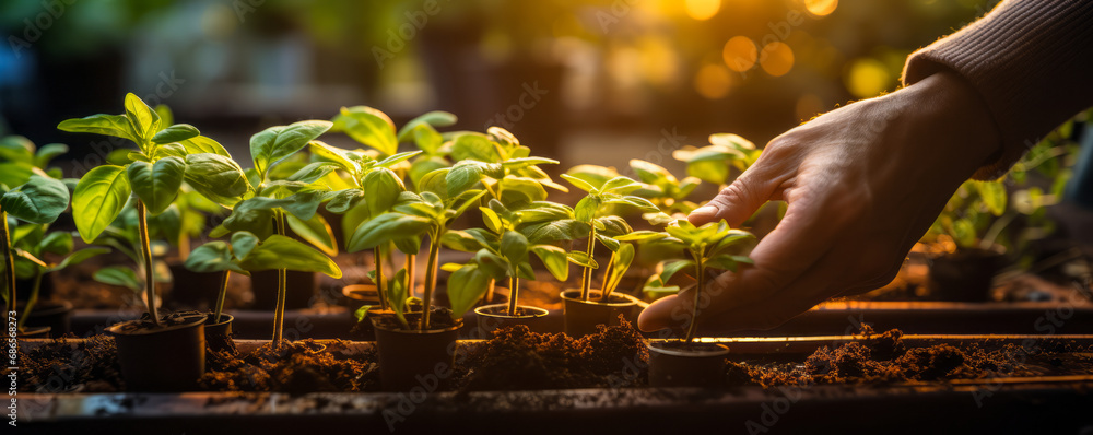 Hands nurturing young plants in a greenhouse with warm sunlight ...