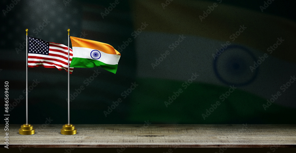 india and USA or america flag wave on dark background. digital ...