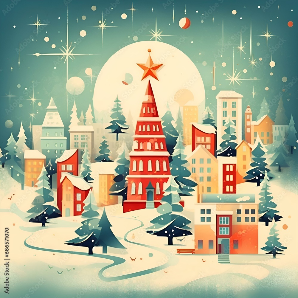 New Year and Christmas retro drawing in a vintage style, which depicts ...