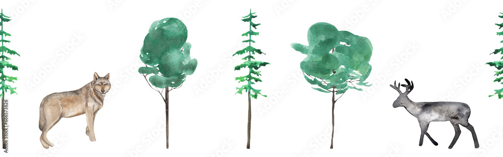 Woodland wildlife border. Illustration with animal and tree. Watercolor ...