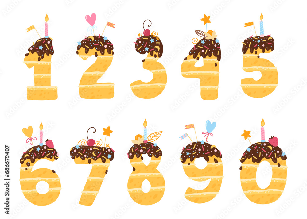 Birthday cake in the form of numbers from 1 to 10 with chocolate icing ...