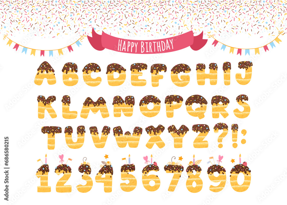ABC alphabet and numbers. Birthday cake with chocolate icing, and ...