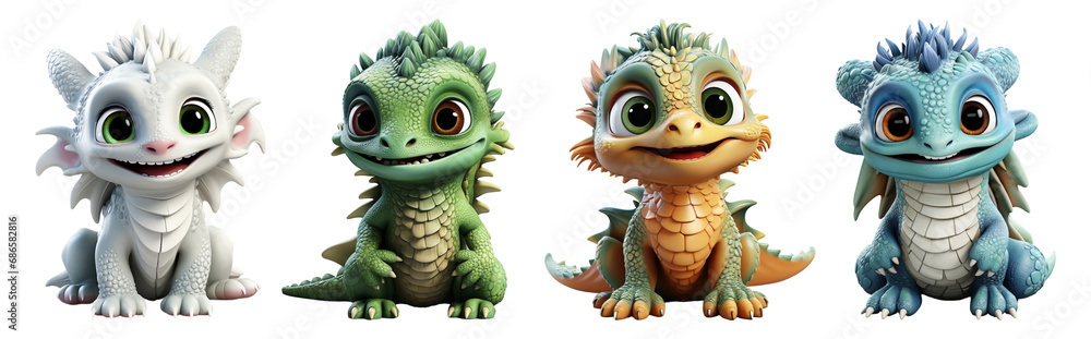 set of 3d illustrations of adorable cute dragon cartoon characters ...