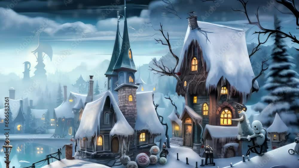 Snowy Winter Cartoon Village. An animated snowfall on a winter cartoon ...